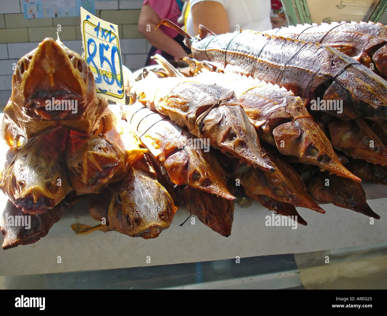 Smoked sturgeon sterlet at City Fish Market in Astrahan Southern Russia ...