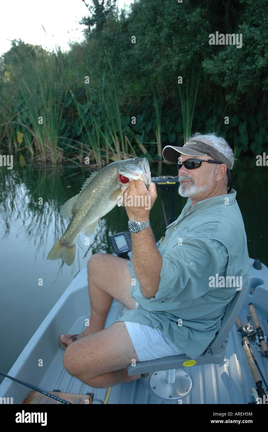 Bass angler lifts fish from lake Stock Photo - Alamy