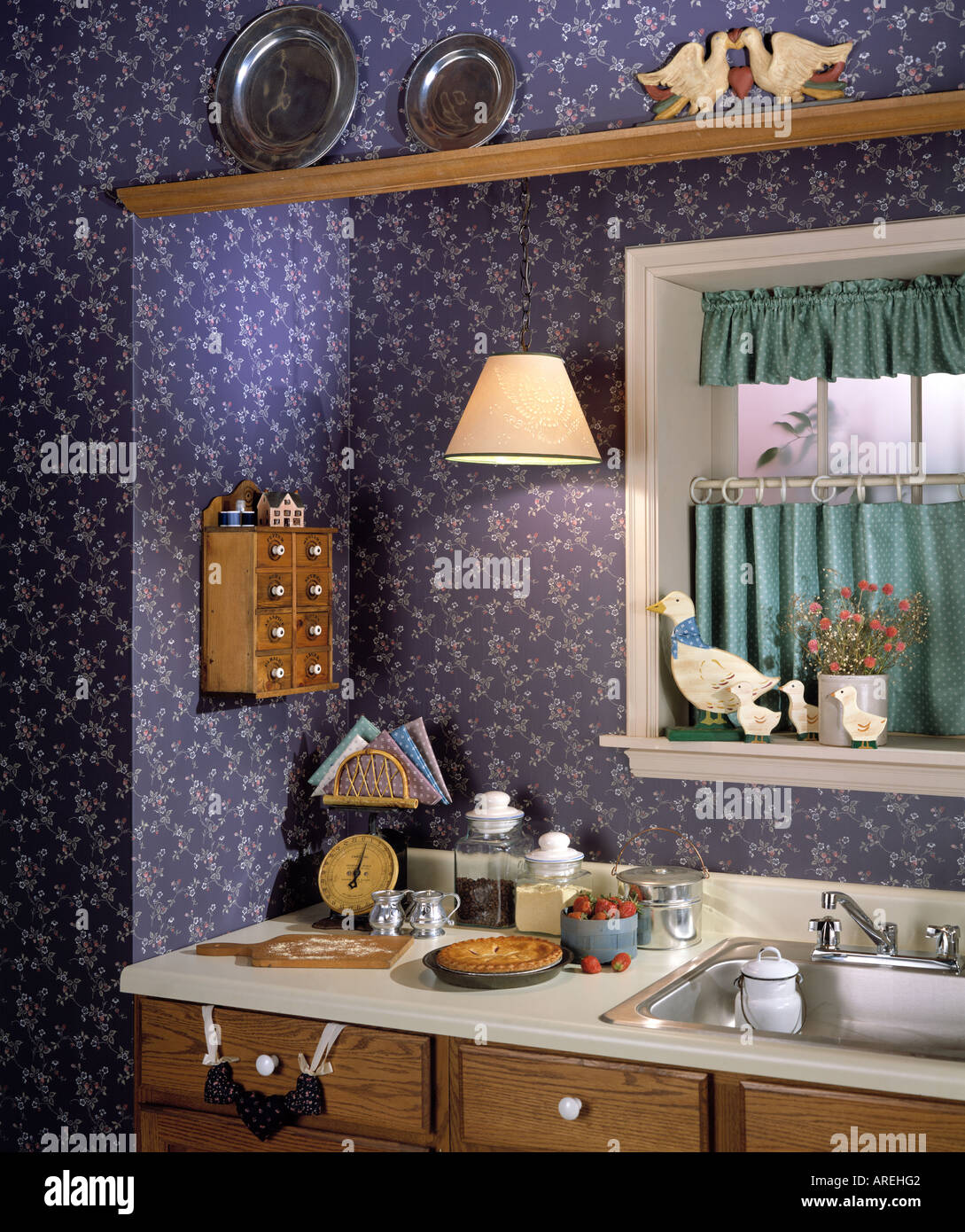 interior room kitchen counter stainless steel sink food pie Stock Photo ...