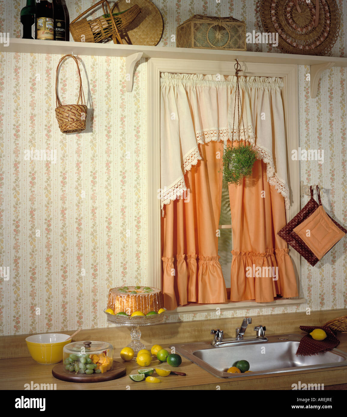 room interior kitchen counter food baskets Stock Photo - Alamy
