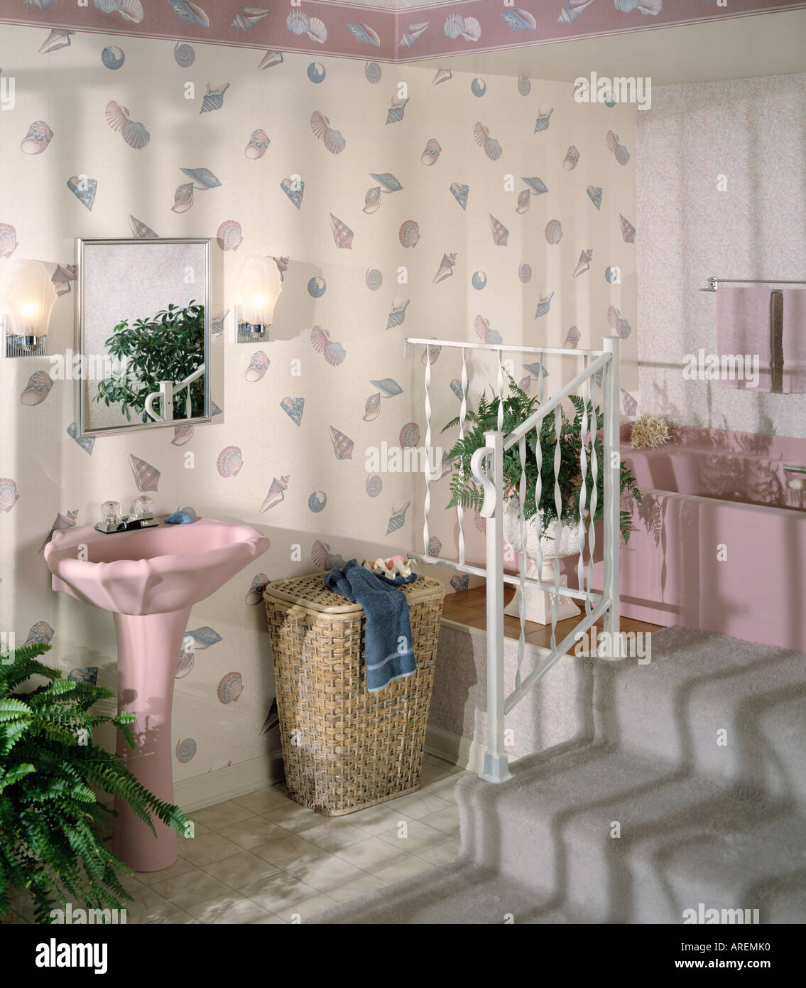 interior room kitchen ceramic sink pedestal wicker clothes hamper tub ...