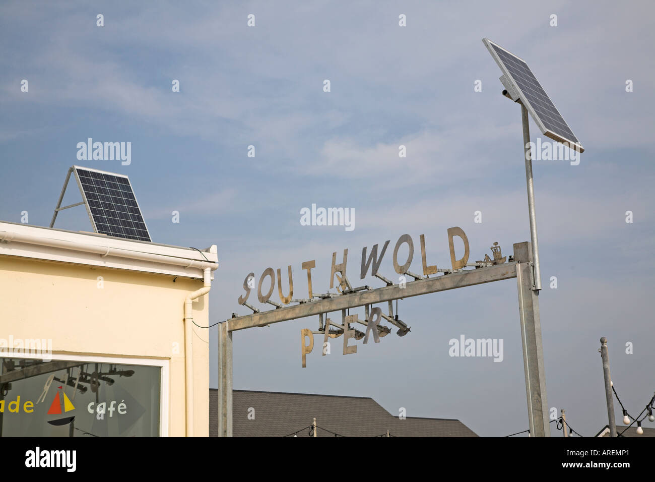 Solar panels powering mobile sign display entrance Southwold pier ...