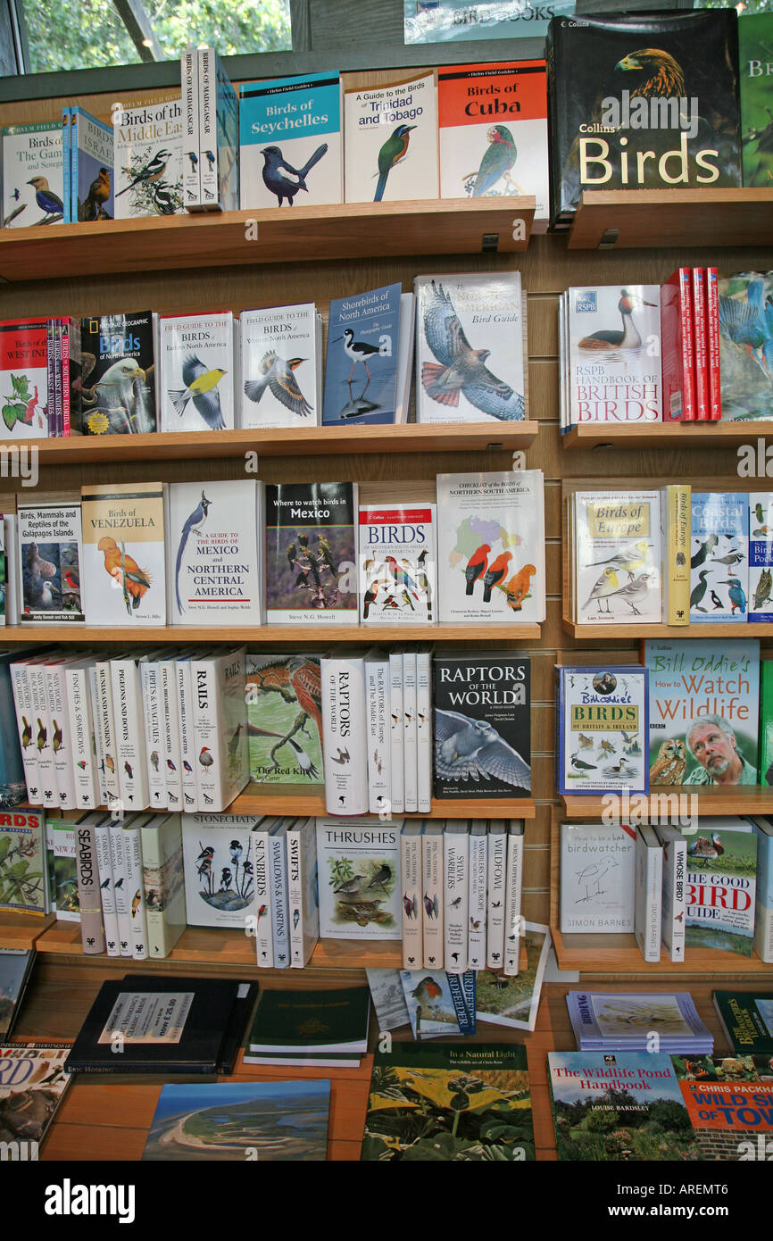 Bird books on shelves RSPB shop Minsmere bird reserve Suffolk England ...