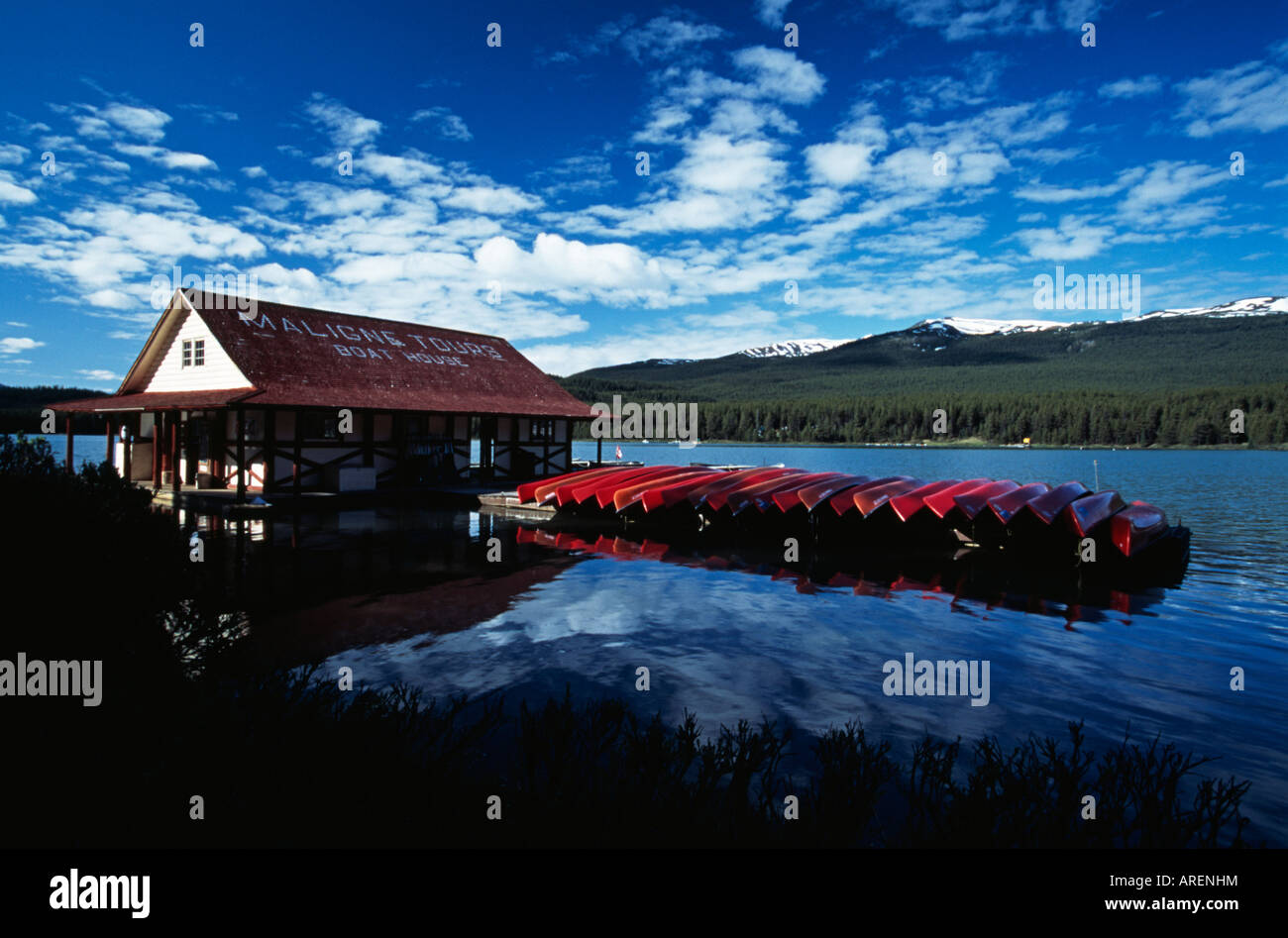 Boat hut and canoes at Maligne Lake Jasper National Park Alberta ...