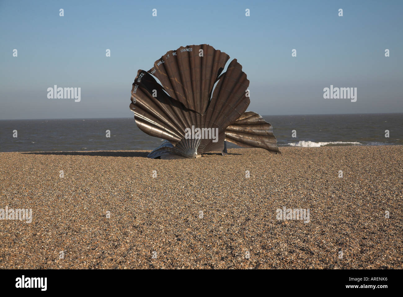 The Scallop shell sculpture Maggie Hambling on shingle beach Aldeburgh ...