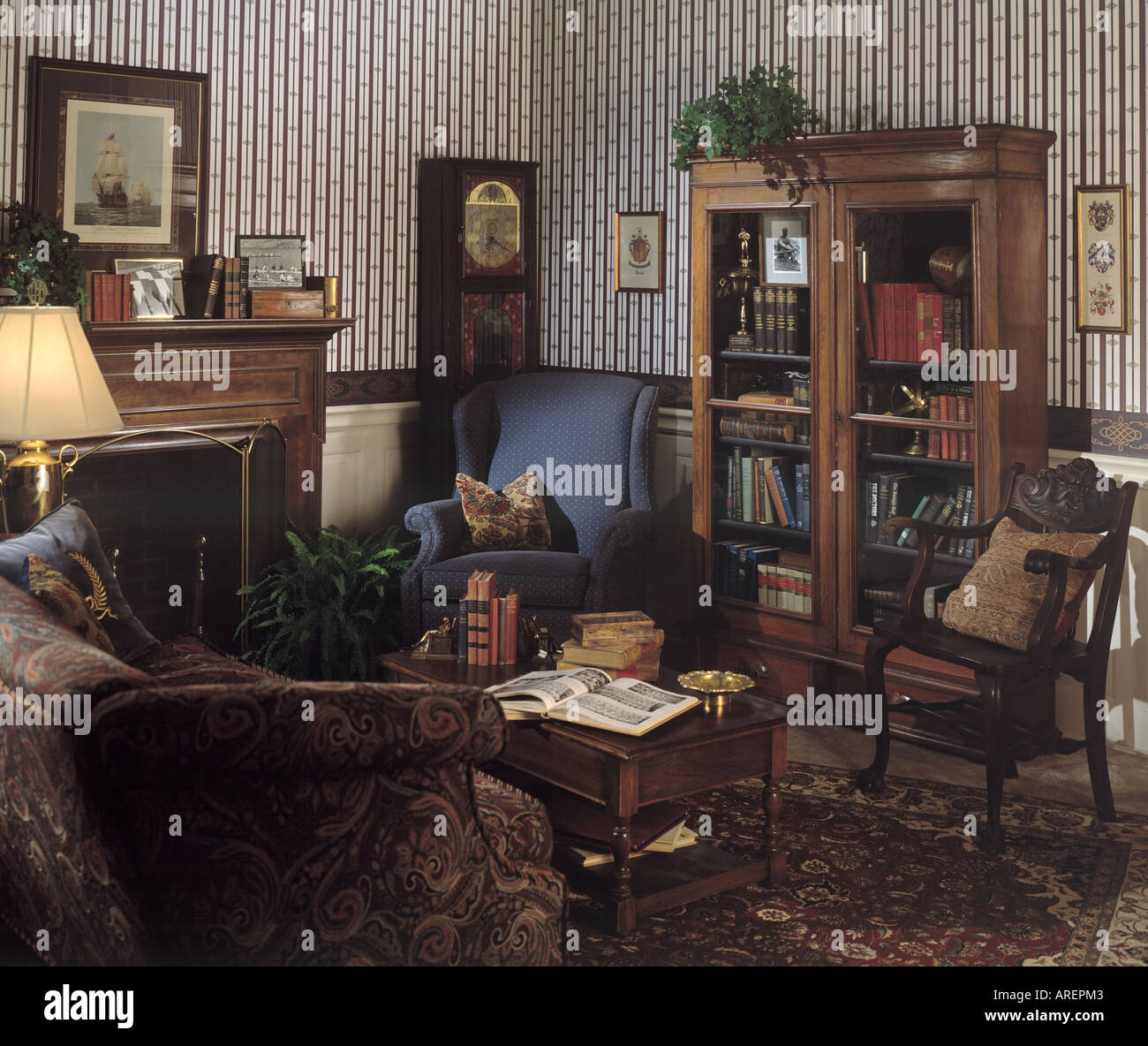 interior room library living sitting area fireplace bookcase ...