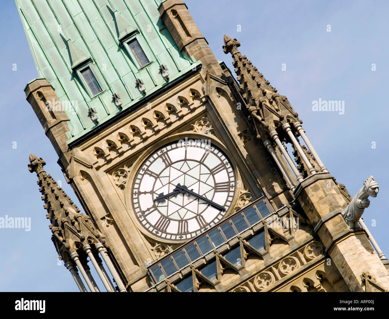 Close up of the clock on the Peace Tower at the Parliament Buildings of ...