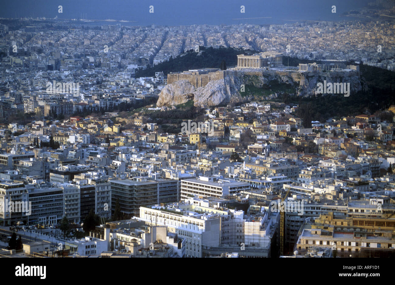 Aerial view of city centre Athens & Acropolis in background, Greece ...