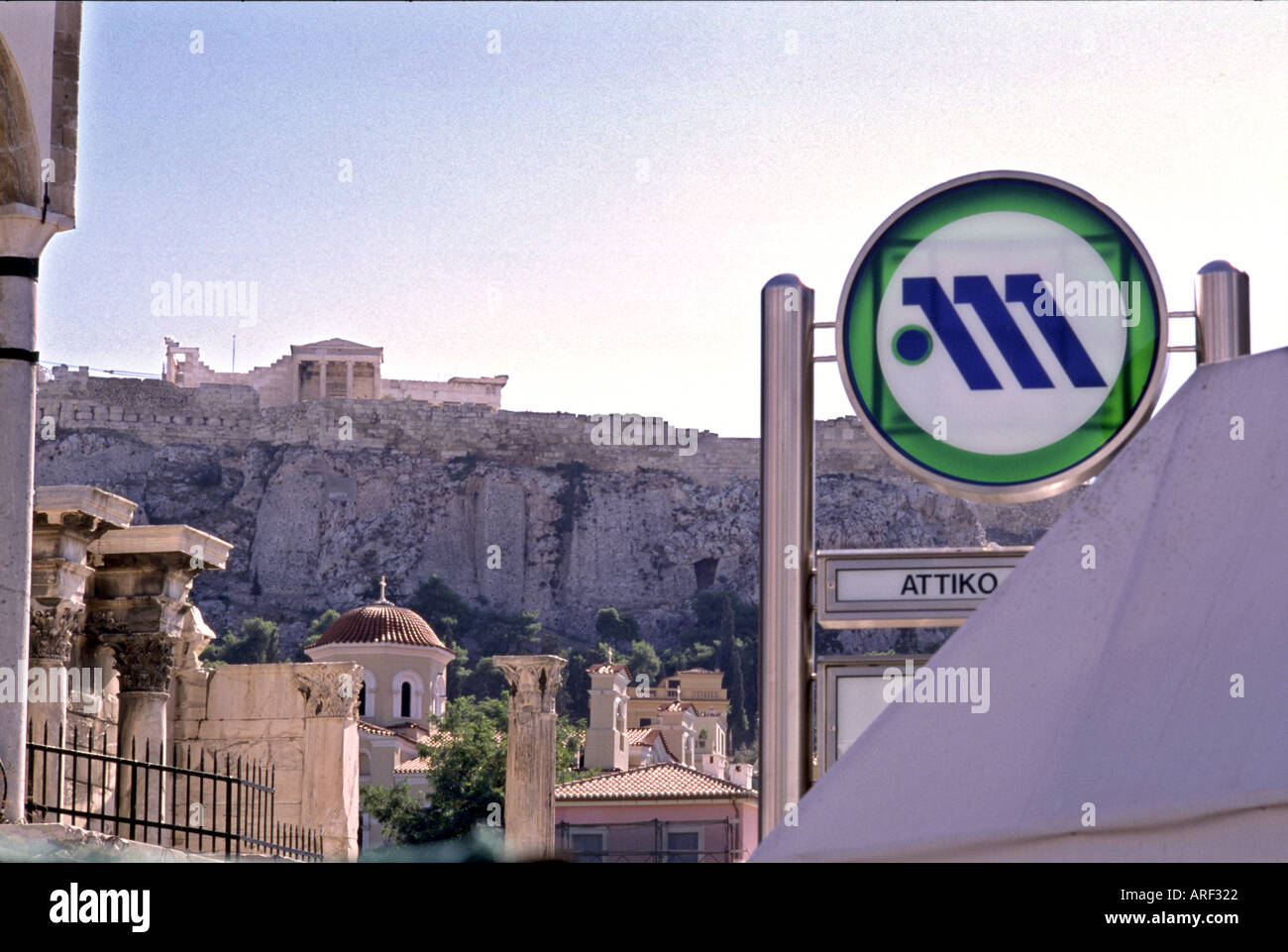 Metro sign Acropolis in background Old Quarter of central Athens Greece ...