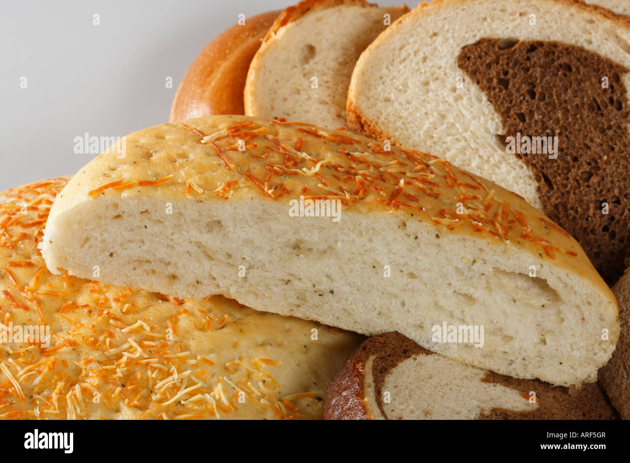 American sandwiches loaf bread sliced closeup nobody from above ...