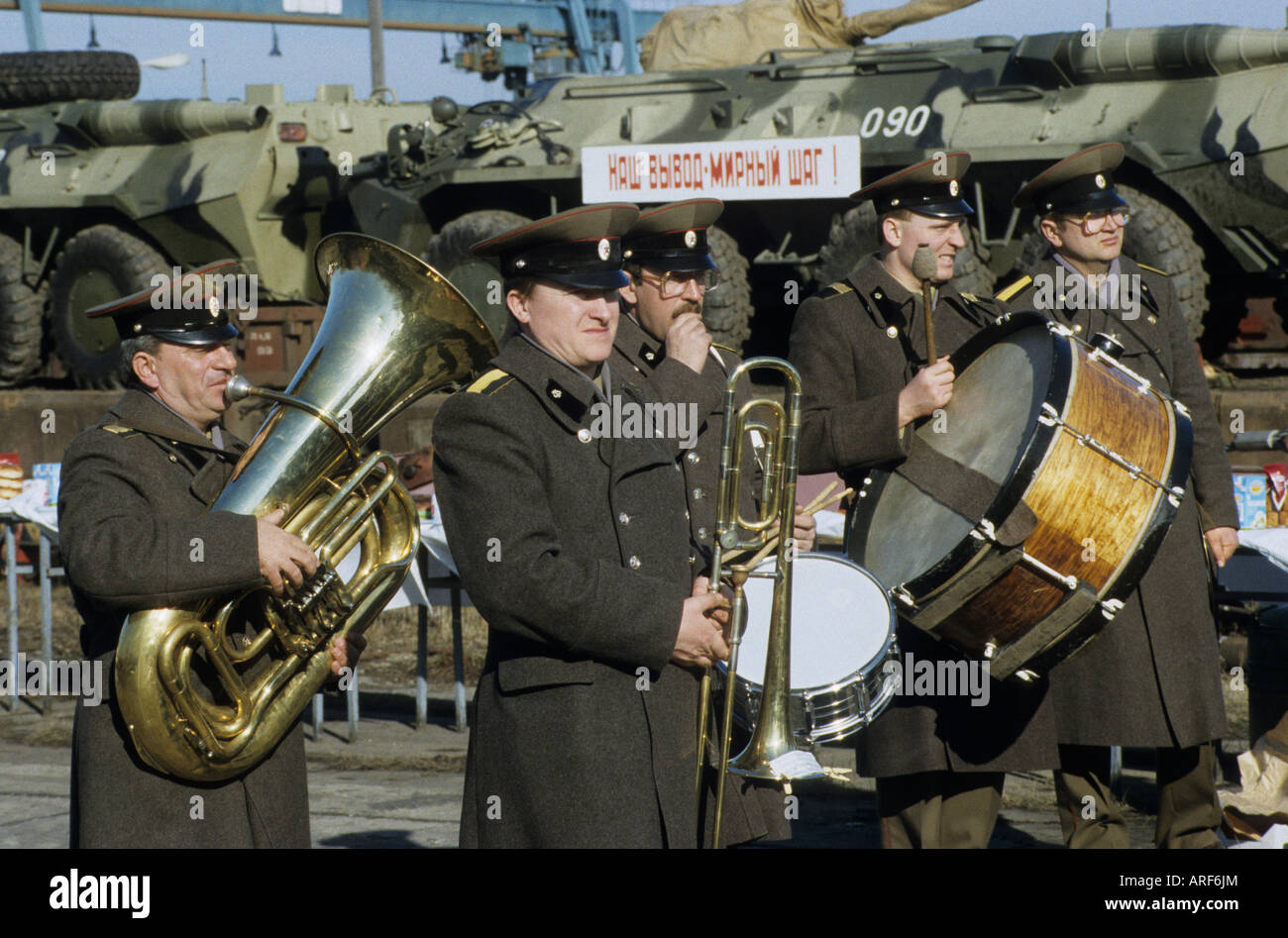 Russian military band playes music in front of armoured vehicles on a ...