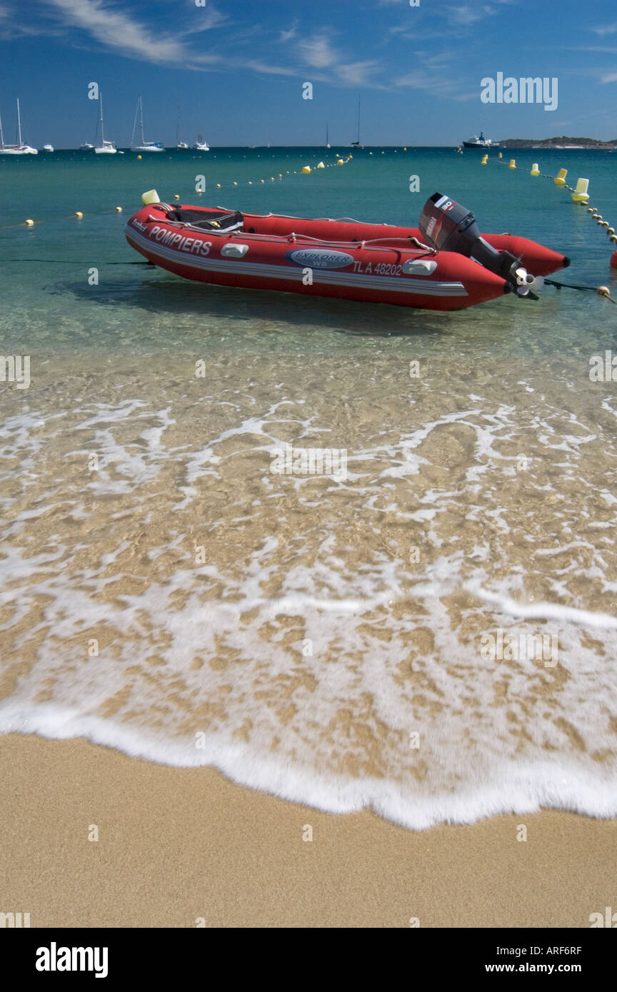 red speed boat moored on beach Port Grimaud Provence Cote d'Azur France ...