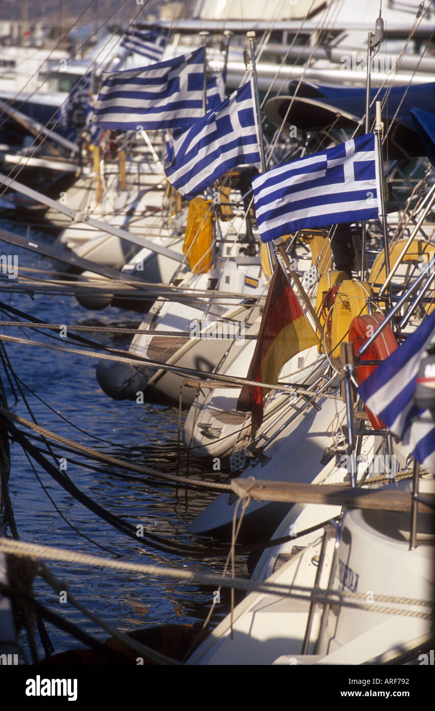 Greek flags on boats Marina in Paleo Faliro coast south of Athens ...