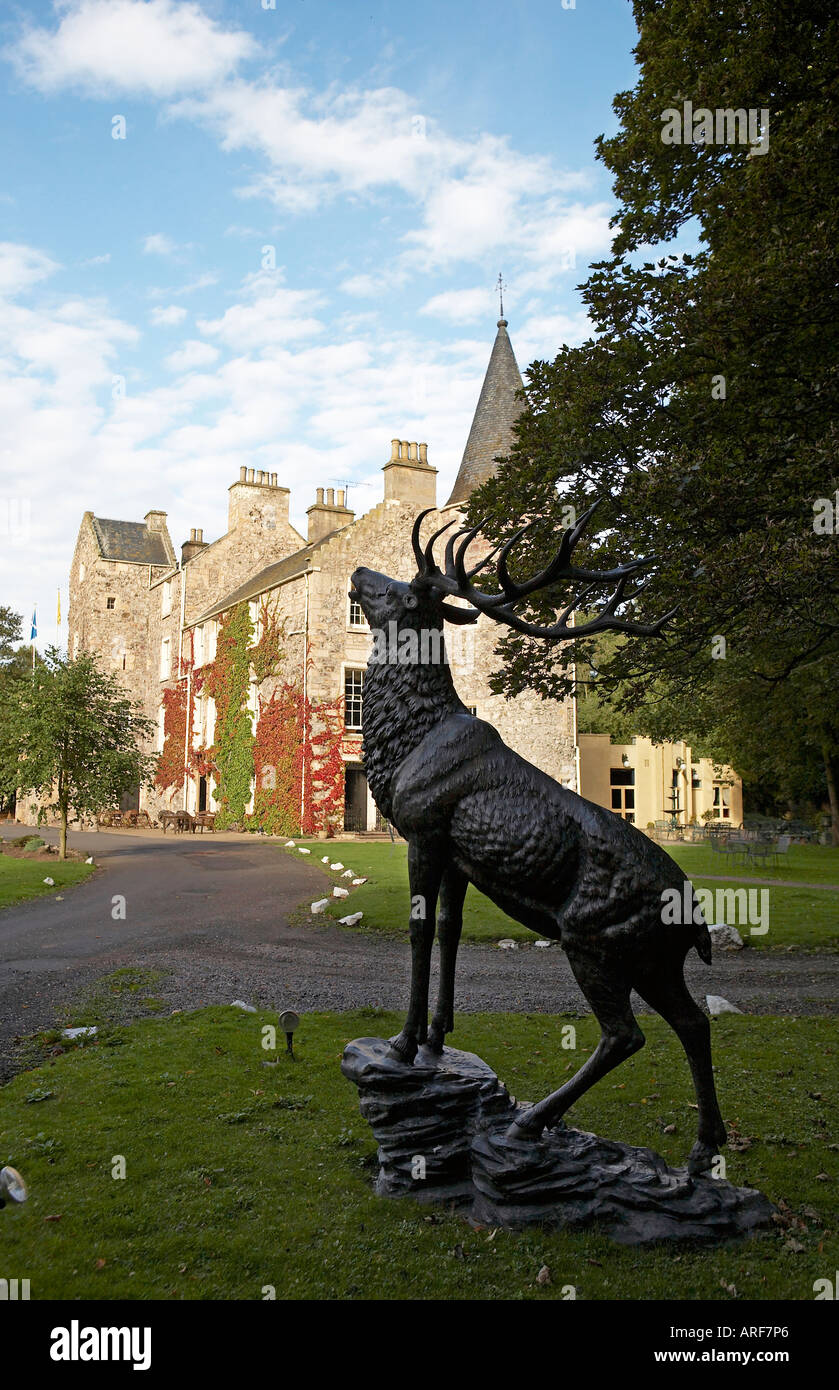 Bronze statue of a red deer stag in the grounds of Fernie Castle Hotel ...