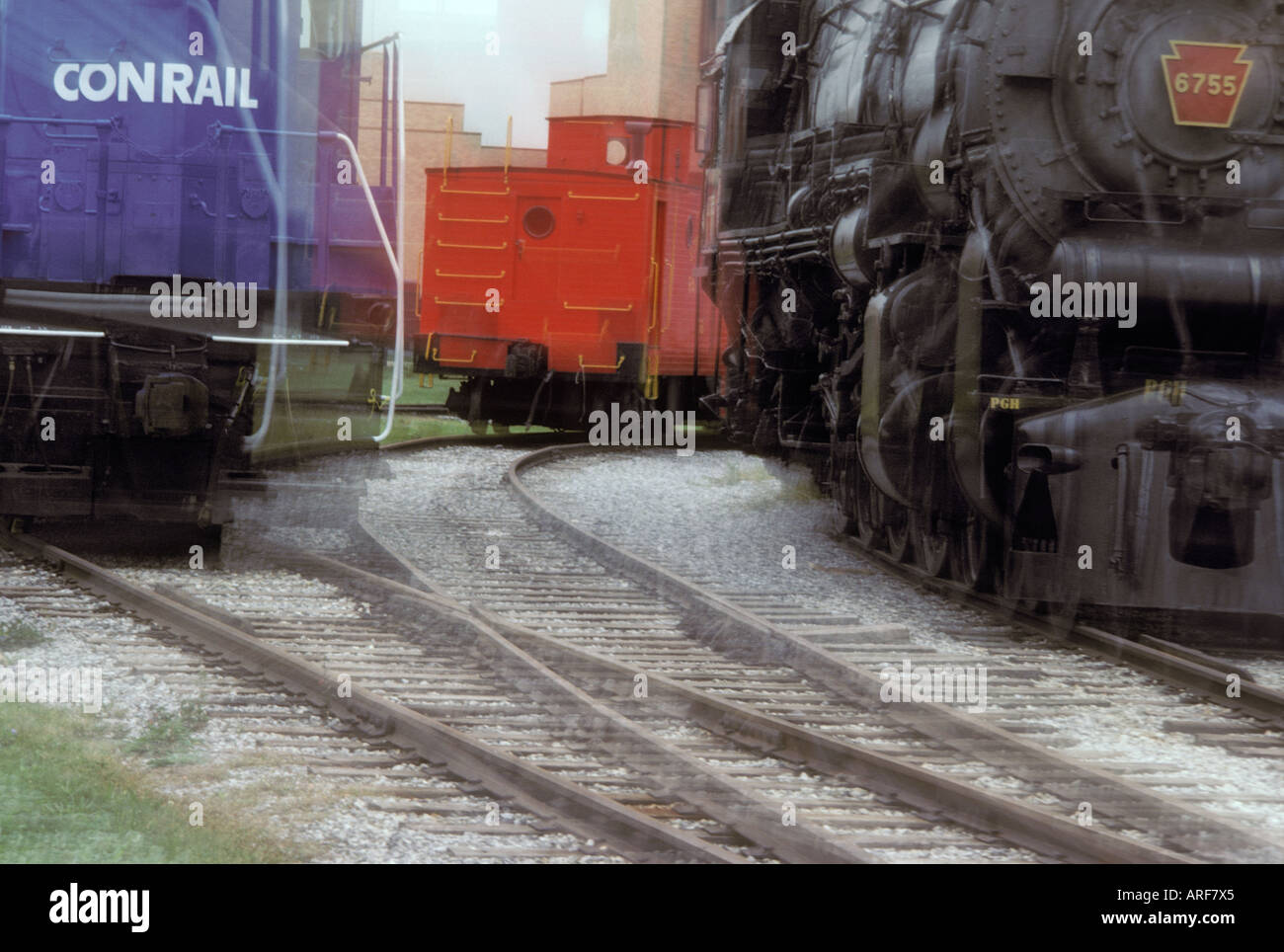 front end old fashion steam locomotive red caboose blue conrail engine ...