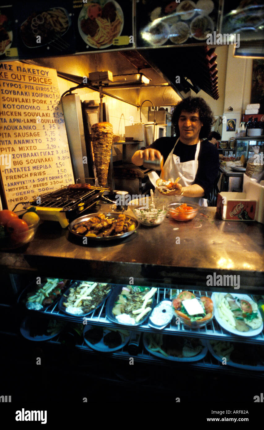 Souvlaki in pitta bread Traditional Greek food served in Plaka Athens ...