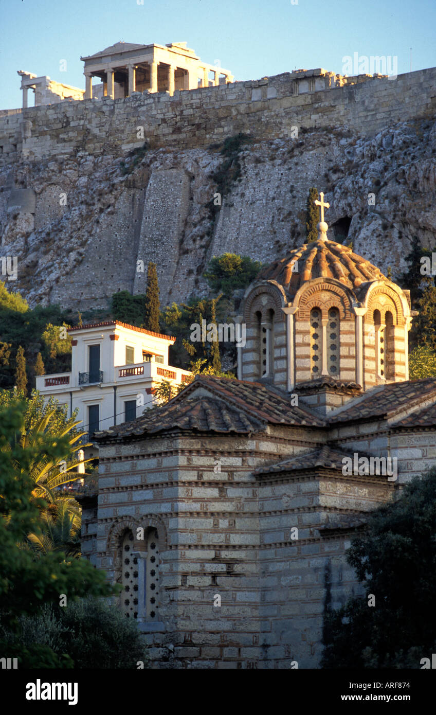 Byzantine Church and Acropolis in background in Plaka Old Quarter of ...