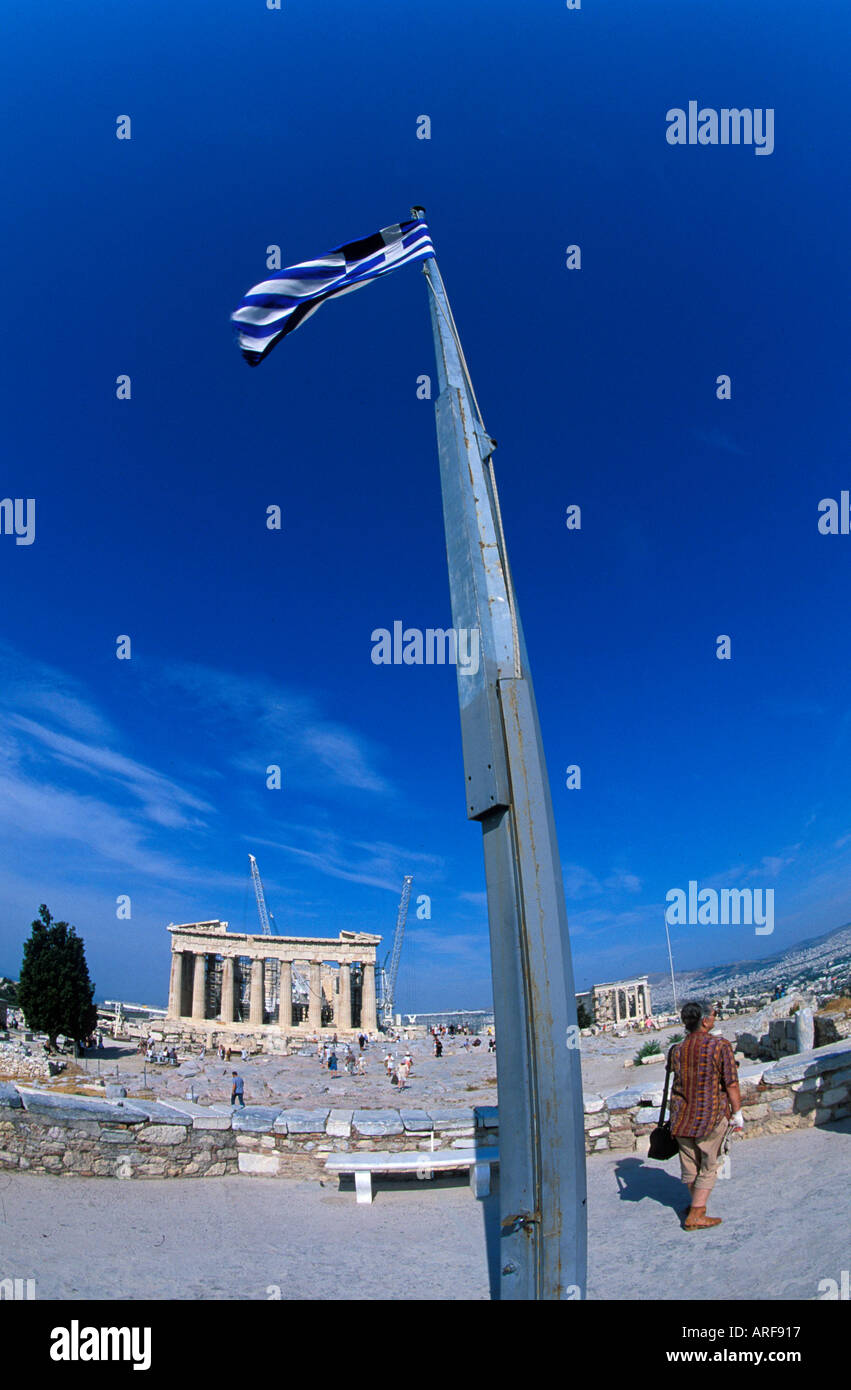Greek flag Parthenon in backround The Acropolis Athens Greece Stock ...