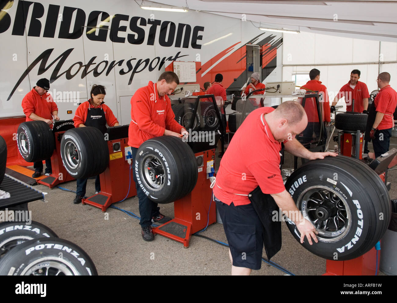 Bridgestone Formula 1 crew works on tires Jan. 2008 Stock Photo - Alamy