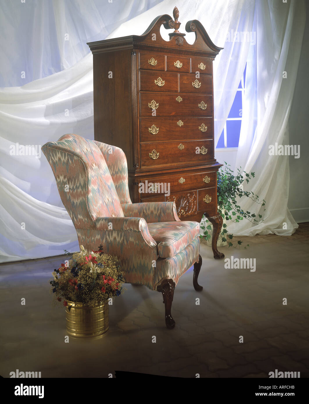 three 3 pieces furniture upholstered arm chair hi boy high highboy ...