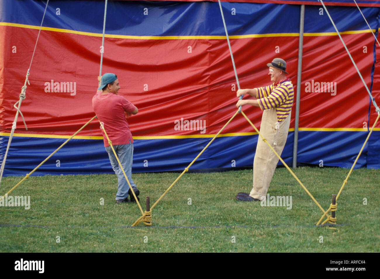 Kelly Miller Circus USA America American roustabout clown talking ...