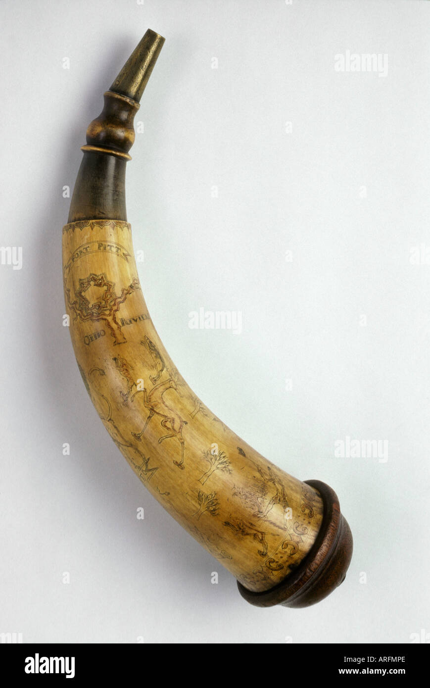 antique vintage gun pistol hand carved gunpowder horn musket ball ...