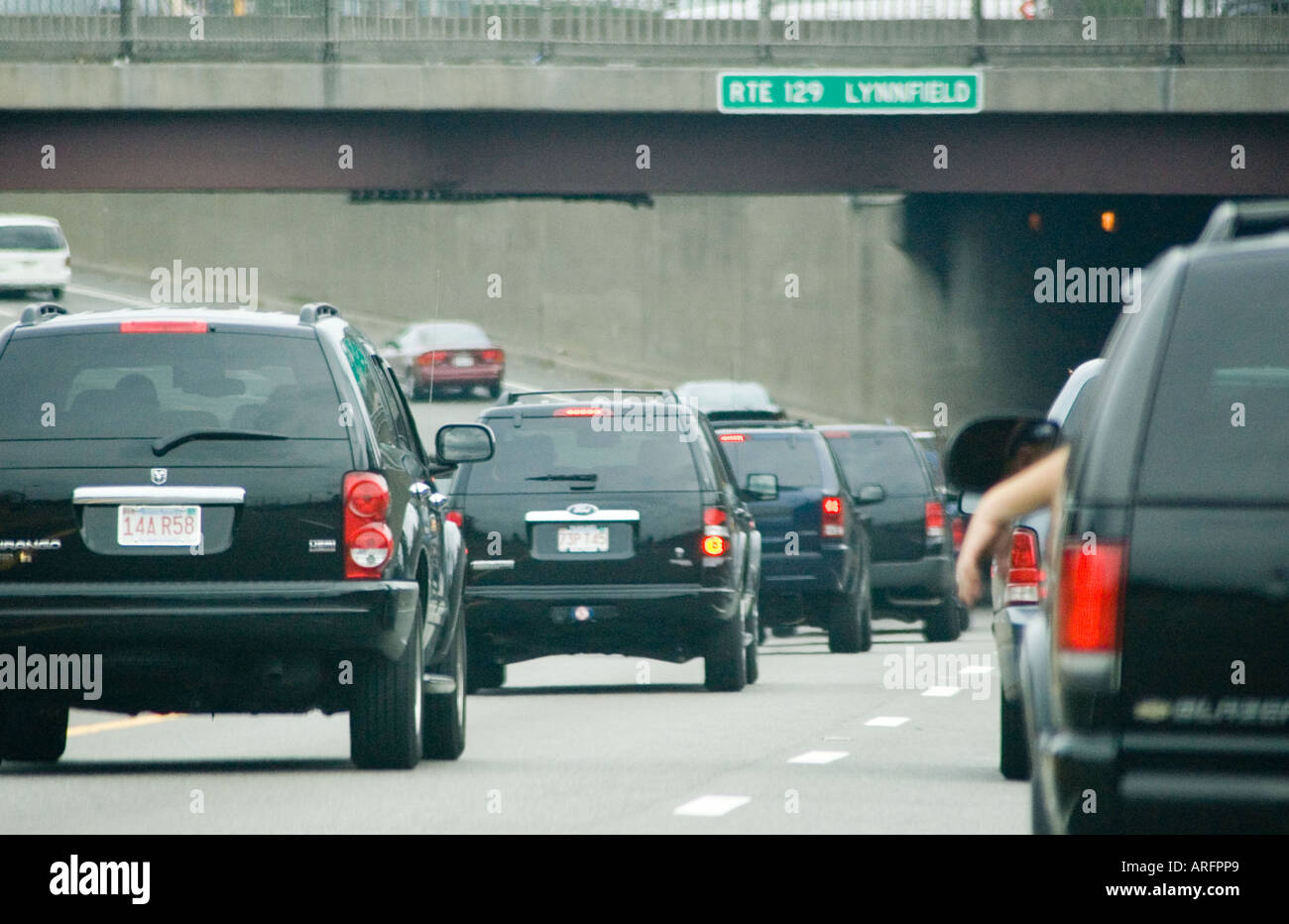 Gasoline guzzling sports utility vehicles on Route One in Massachusetts ...
