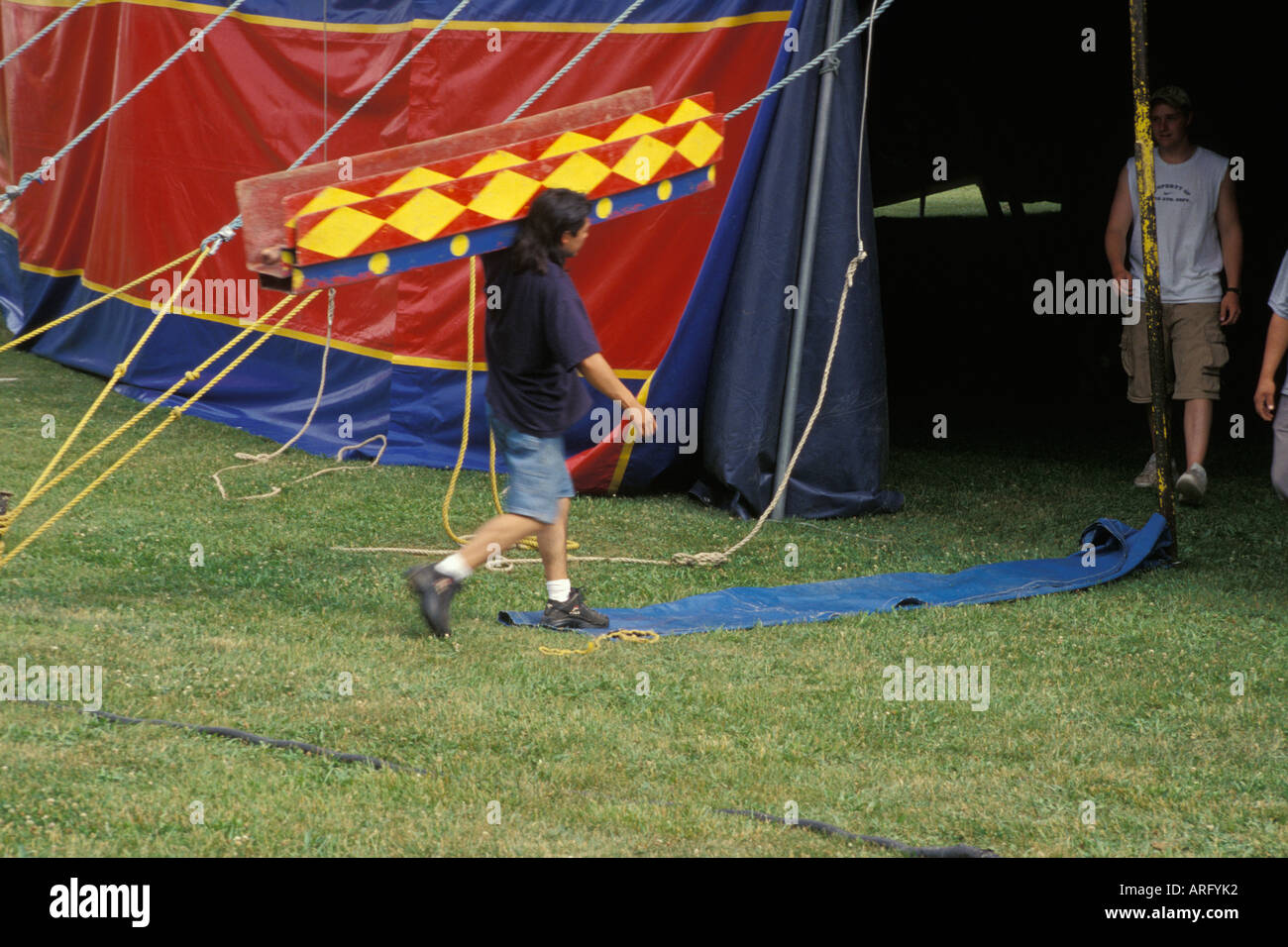 Kelly Miller Circus USA America American roustabout carries ring ...