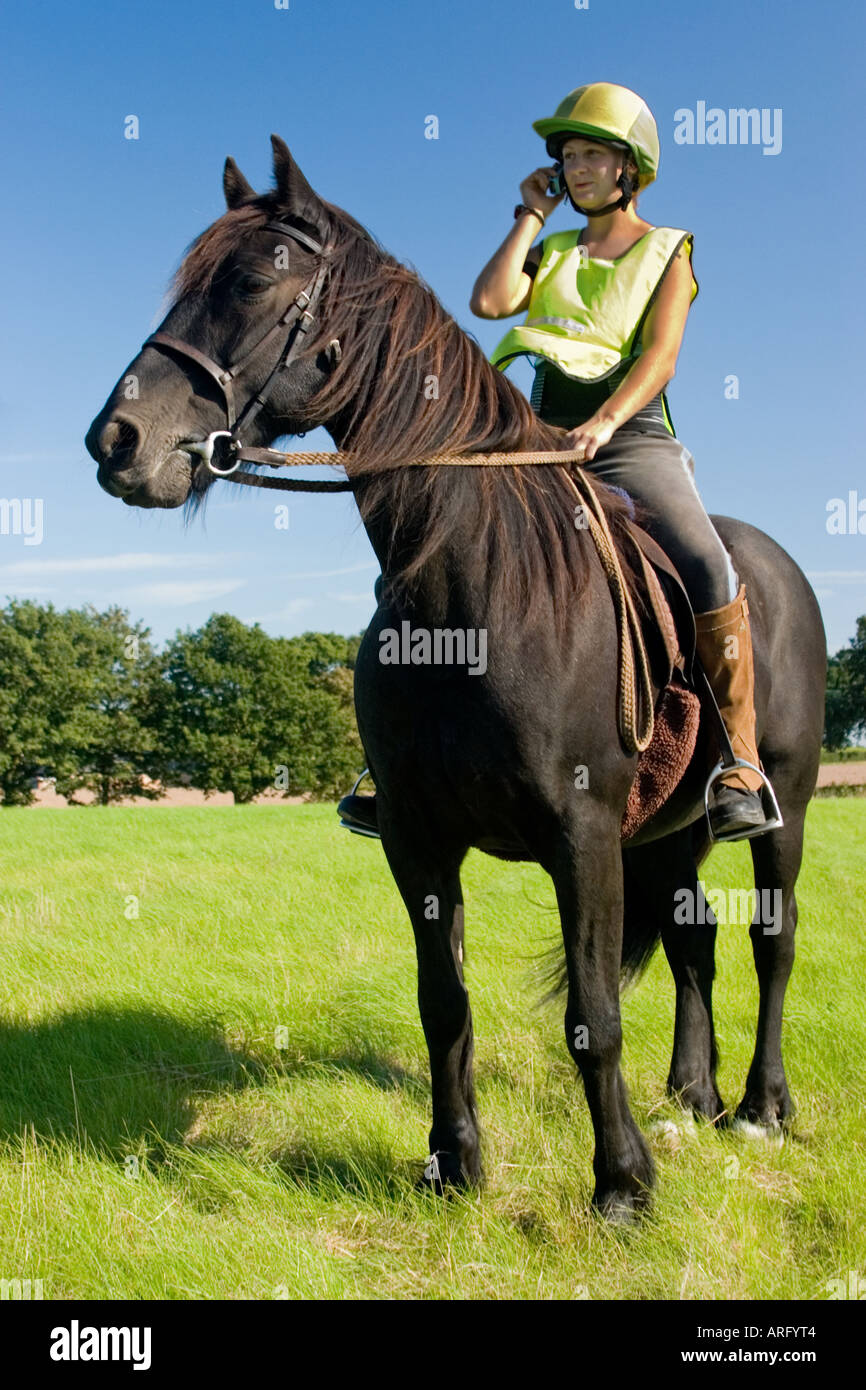 Female riding a black horse in the countryside using a mobile phone ...