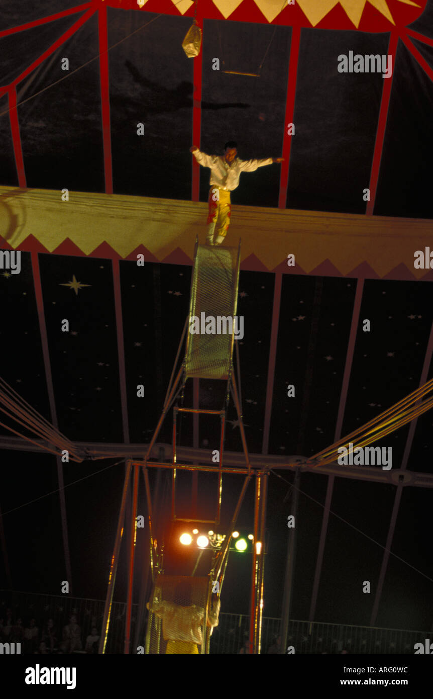 performers on wheel of death Stock Photo - Alamy