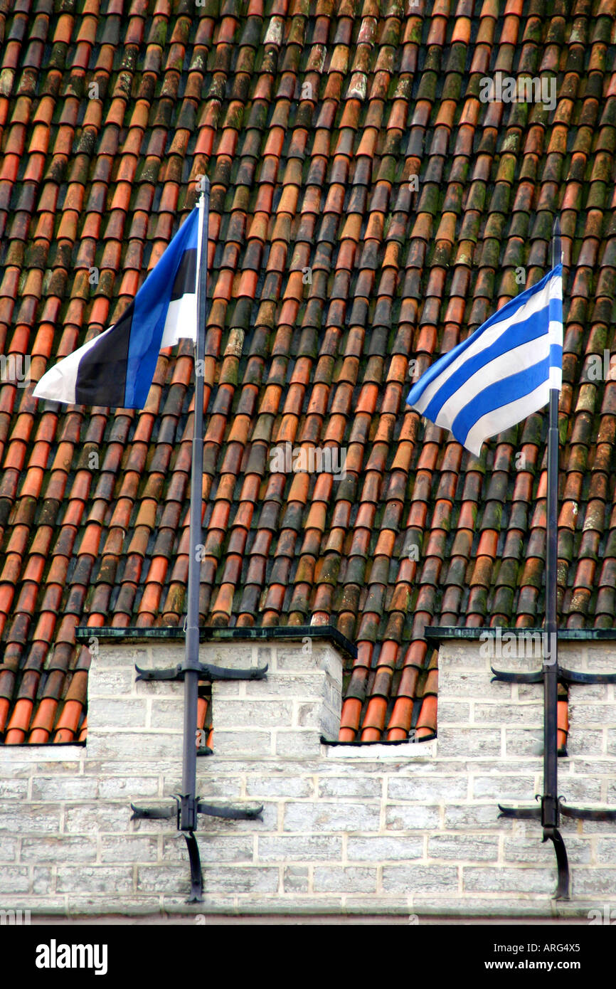 The Tallinn and Estonian flags flying above the Town Hall in Tallinns ...