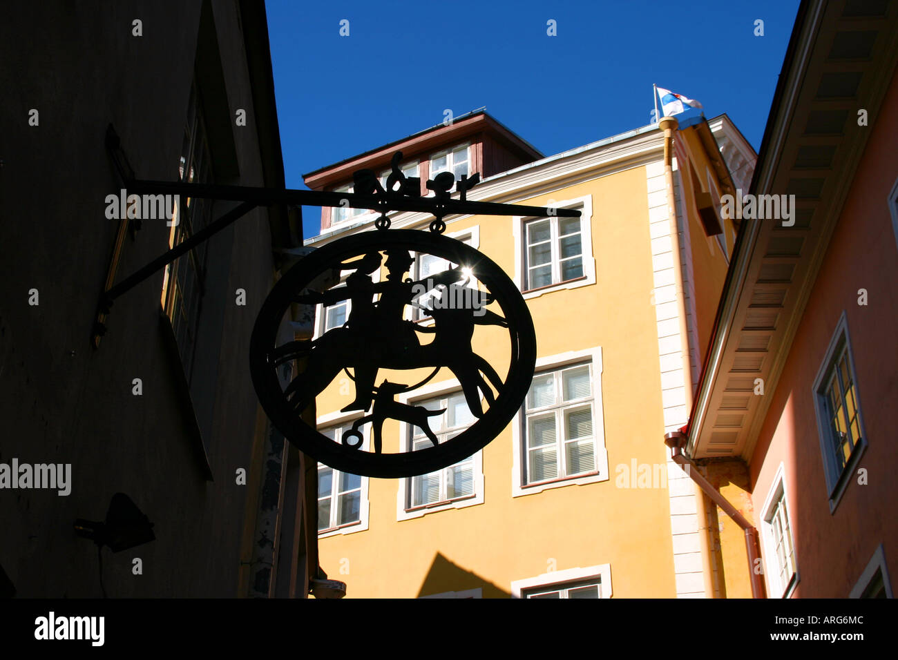 A shop sign in a street in the Old Town area of Tallinn Capital of ...