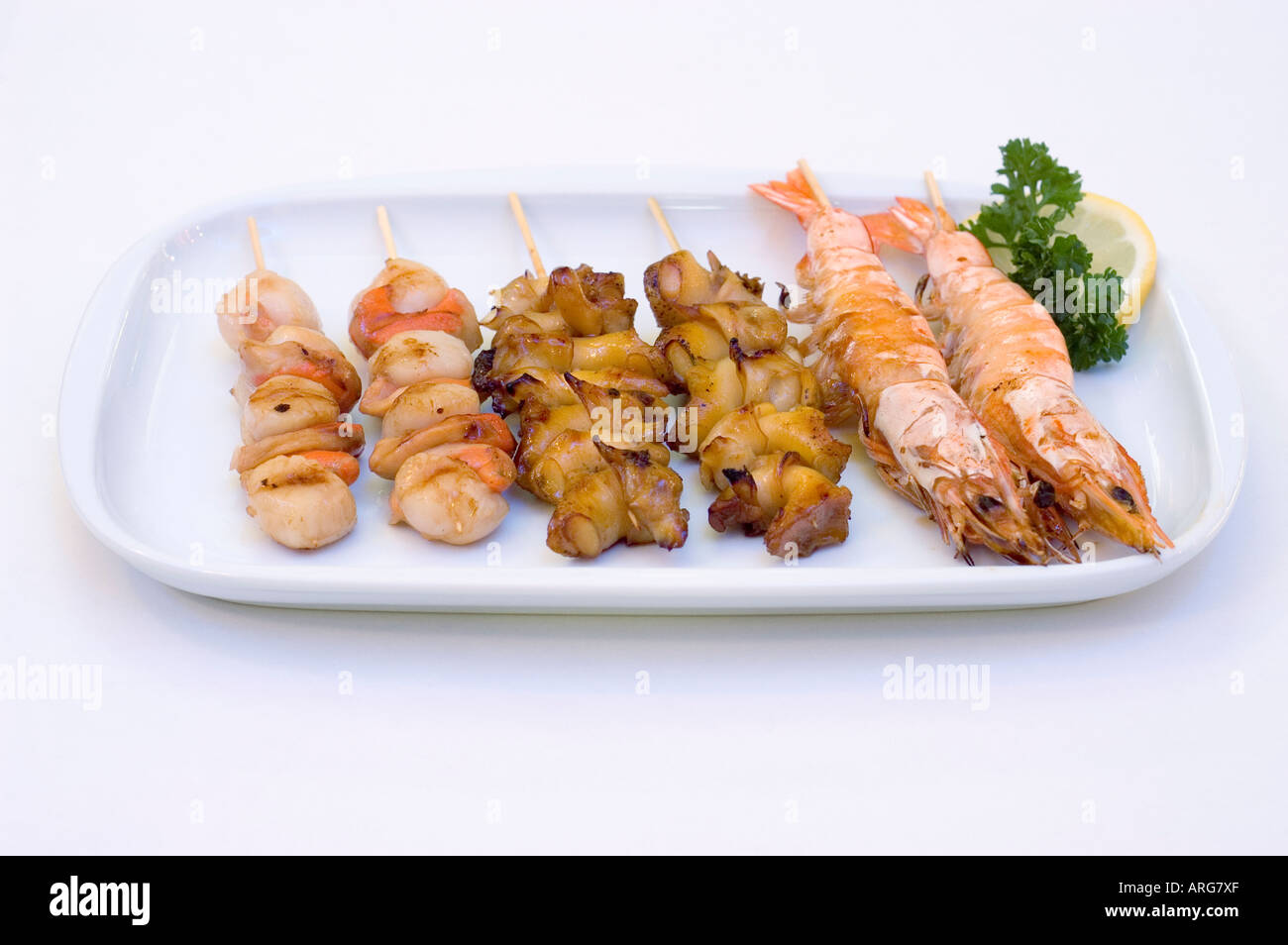 Japanese Food Plate of 6 Barbecued Fish Sticks Scallops, Clams, and ...