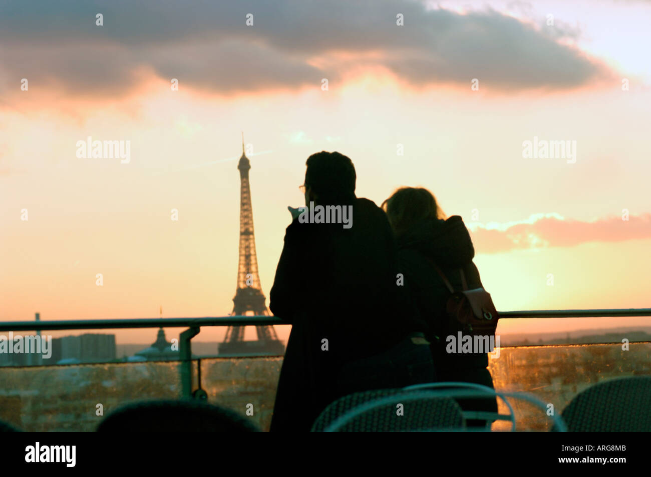 Paris France, Young Couple Rear, Looking at Over View with "Eiffel ...