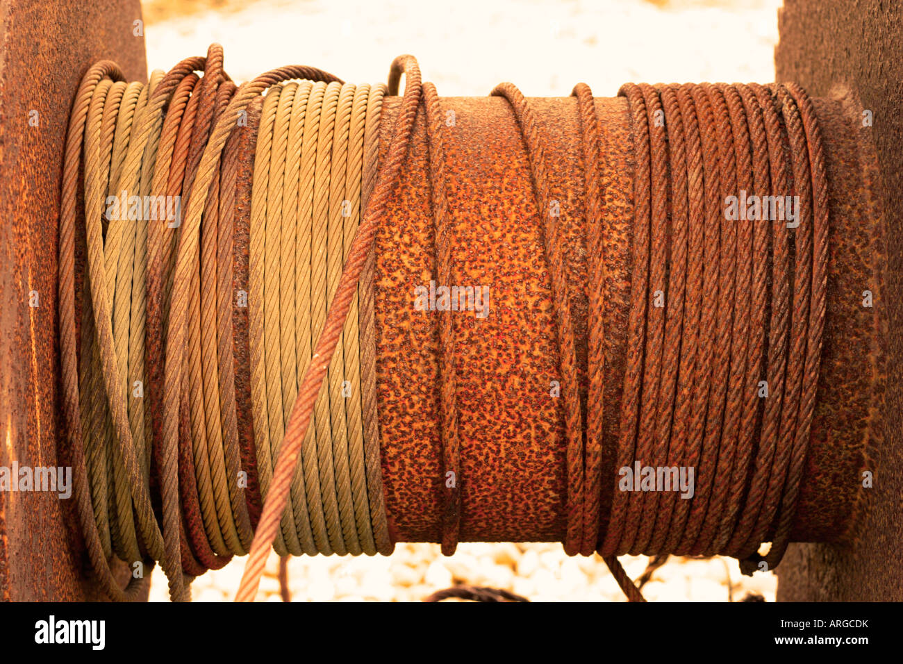 close up of rusted steel rope wound around a winch or pulley Stock ...