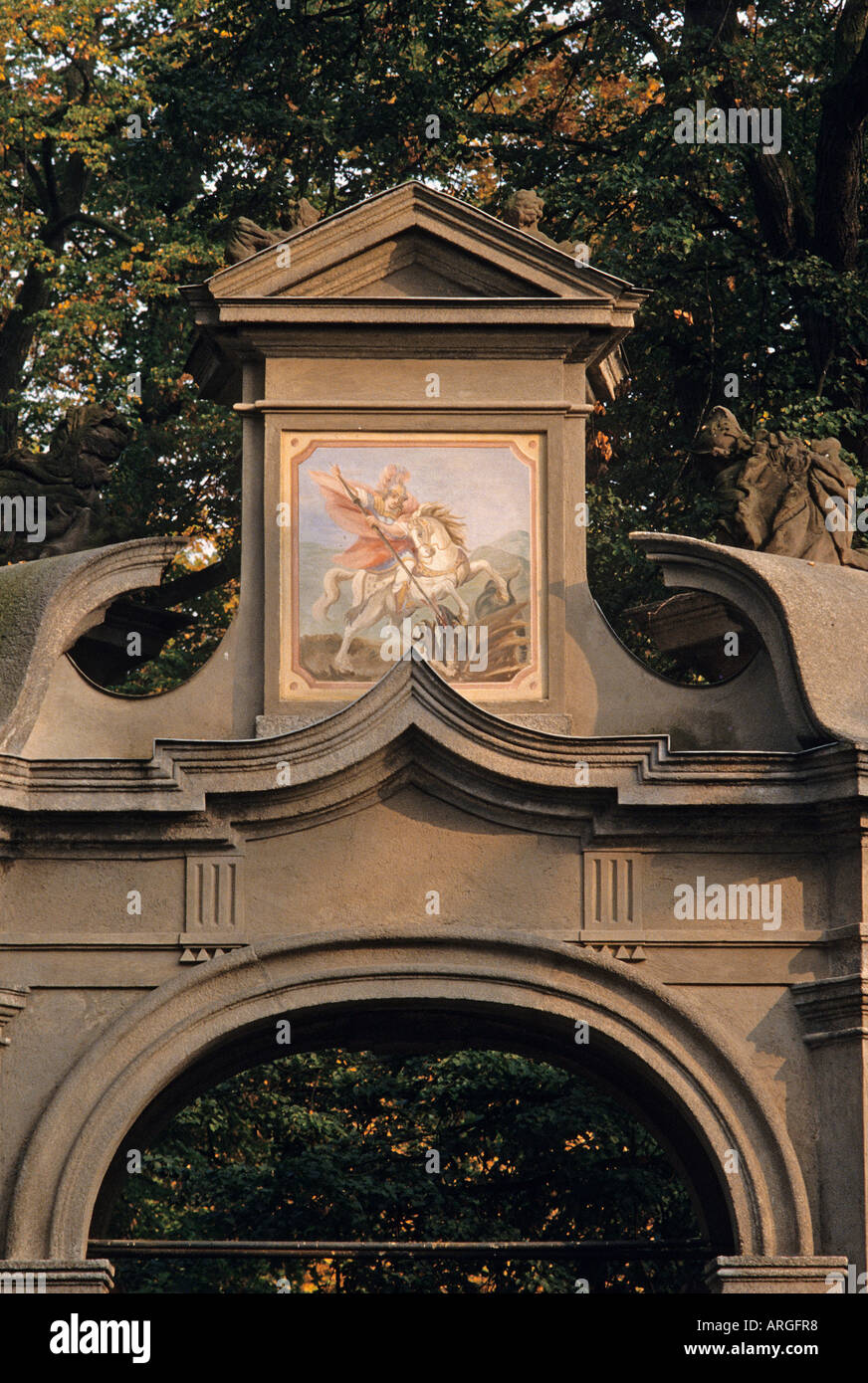 Detail of an ornate gateway in the grounds of Konopiste Castle built by ...