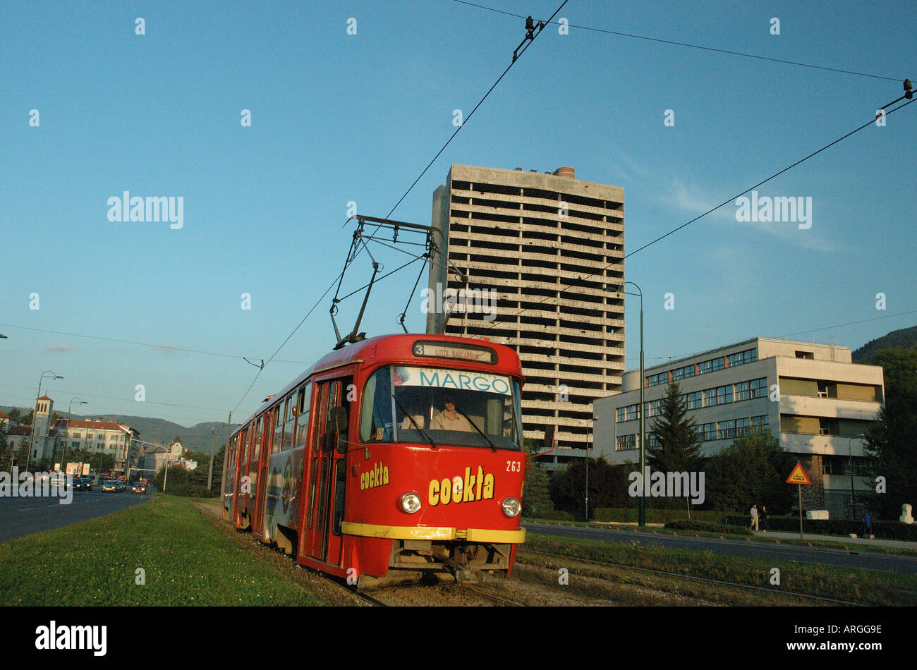 A tram going through Sniper alley in Sarajevo Bosnia, once a key target ...