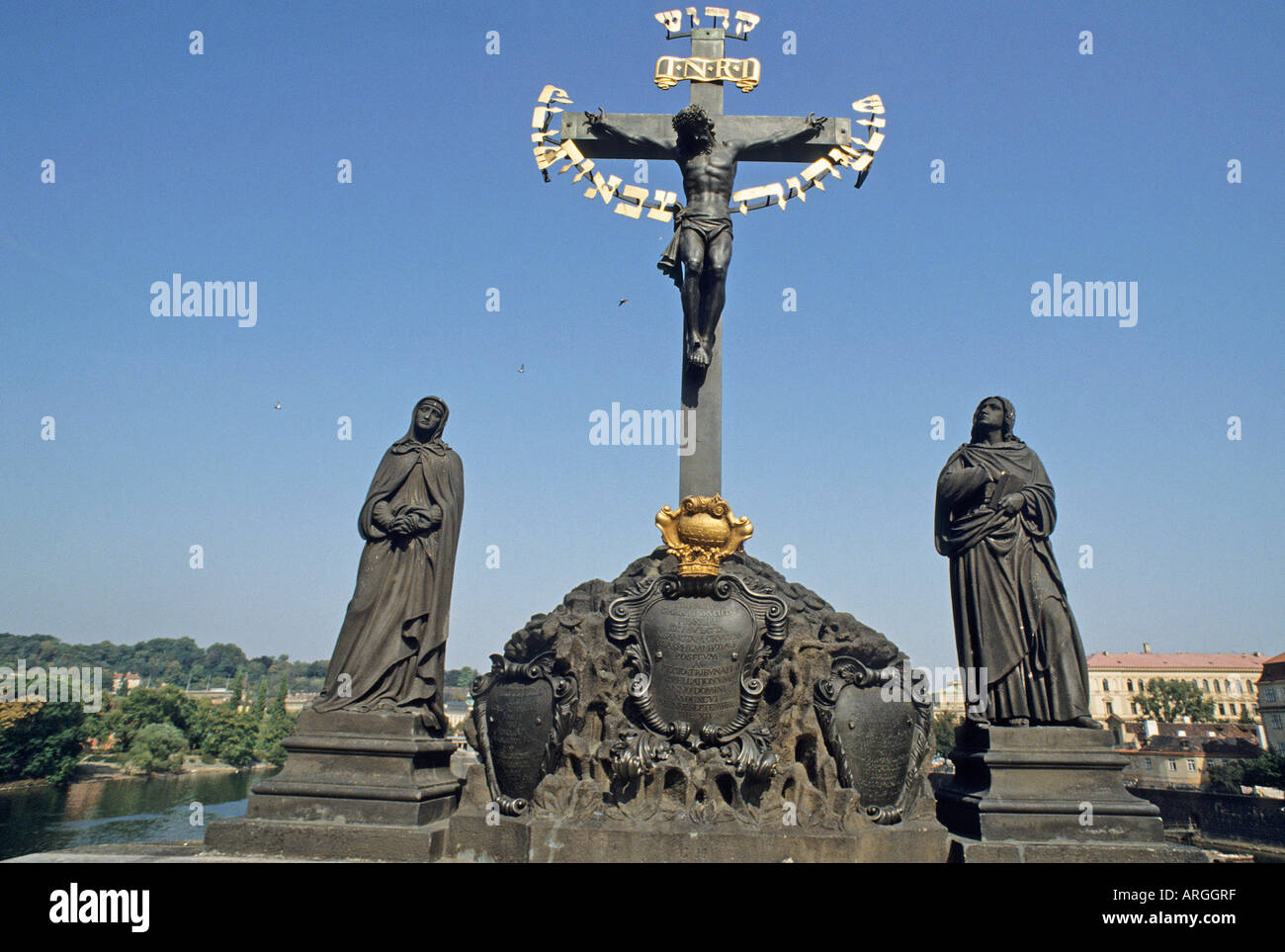 19th c statues flank the Crucifixion 1657 which stands on Prague s 14th ...
