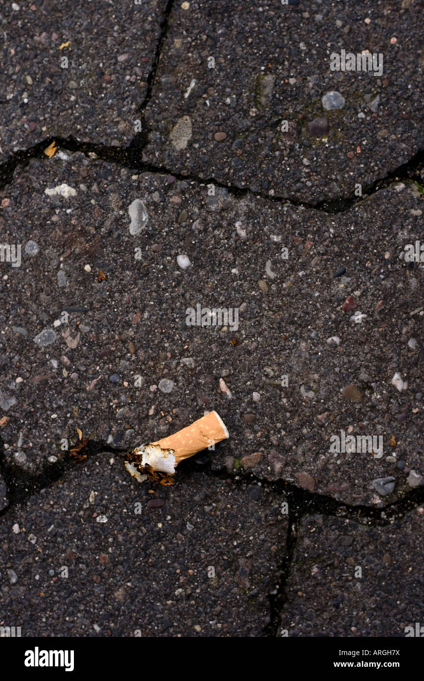 A discarded cigarette stub on the pavement carelessly thrown away by ...
