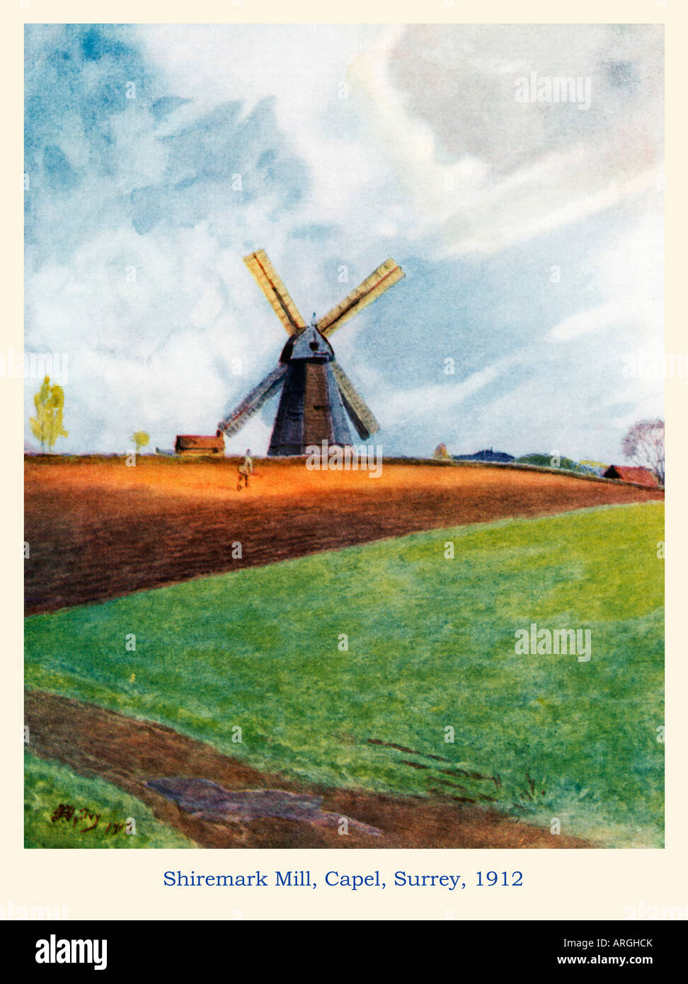 Shiremark Mill Capel 1912 watercolour of the last working windmill in ...
