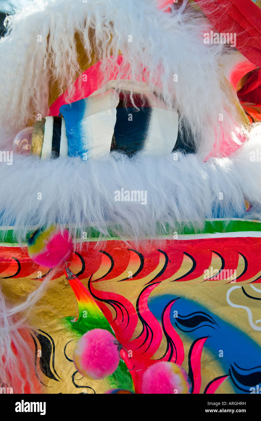 Detail of mask of a traditional Chinese lion ready for the Lion Dance ...