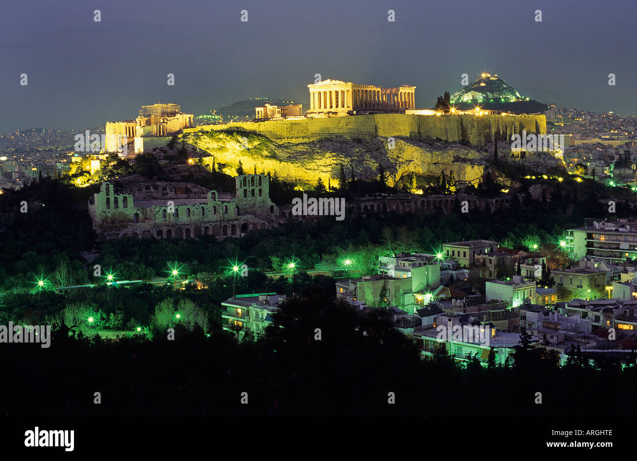 Under lighting illuminates the Acropolis which contains some of the ...