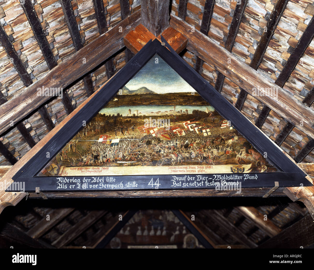 One of the replicas of the 17th century paintings on the wooden ...