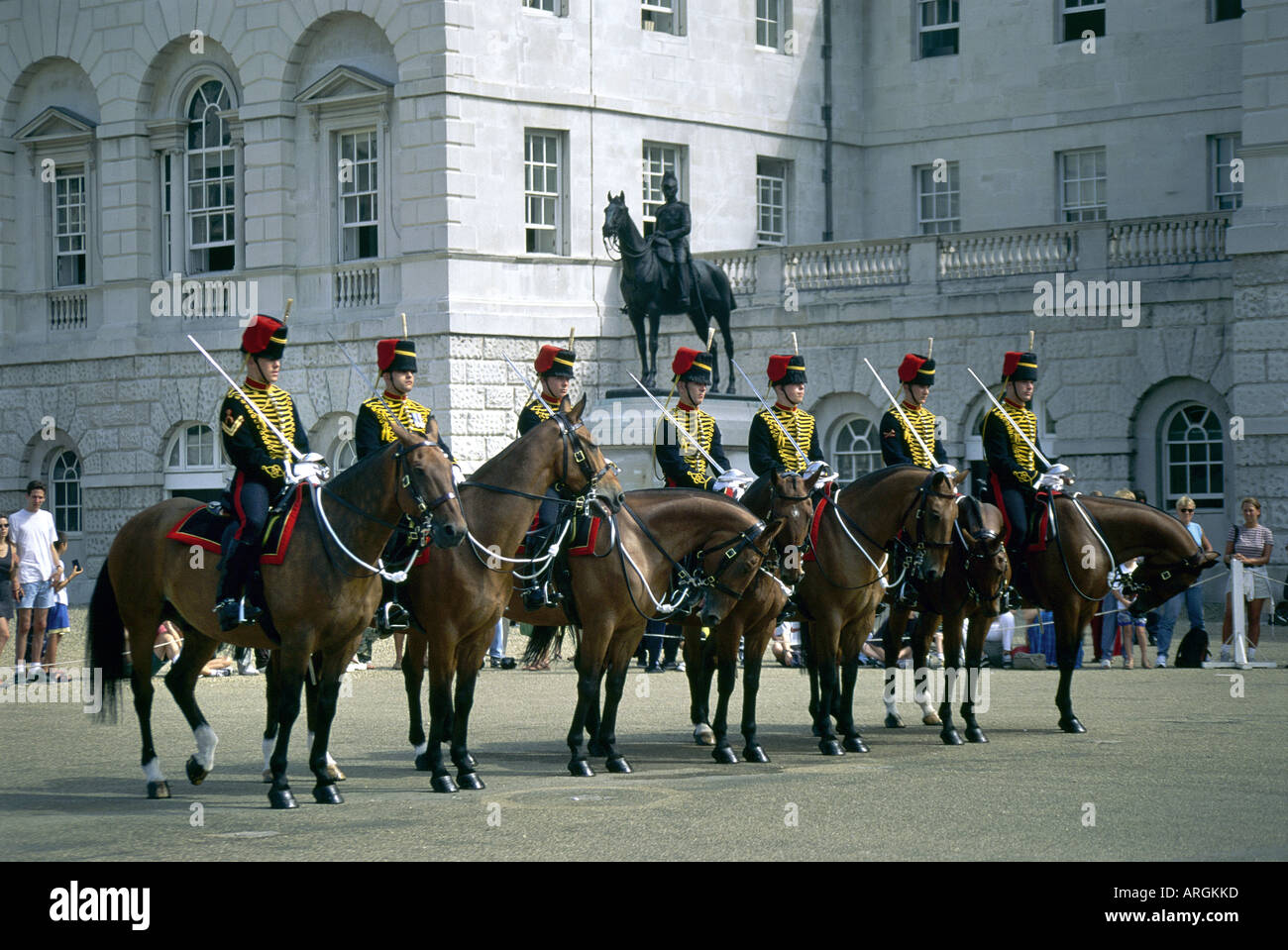 Mounted Horse Guards in their braided military uniform at Whitehall ...