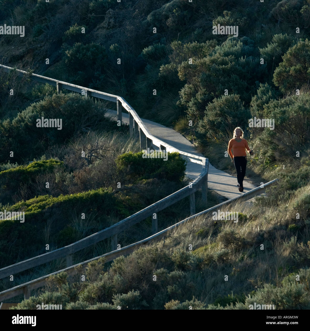 Woman walking down path to beach Stock Photo - Alamy