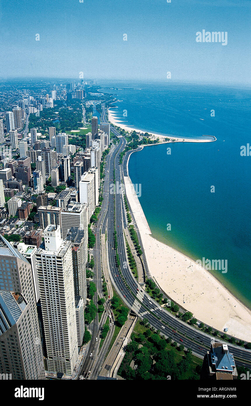 The high rise skyline of downtown Chicago seen next to the beaches and ...