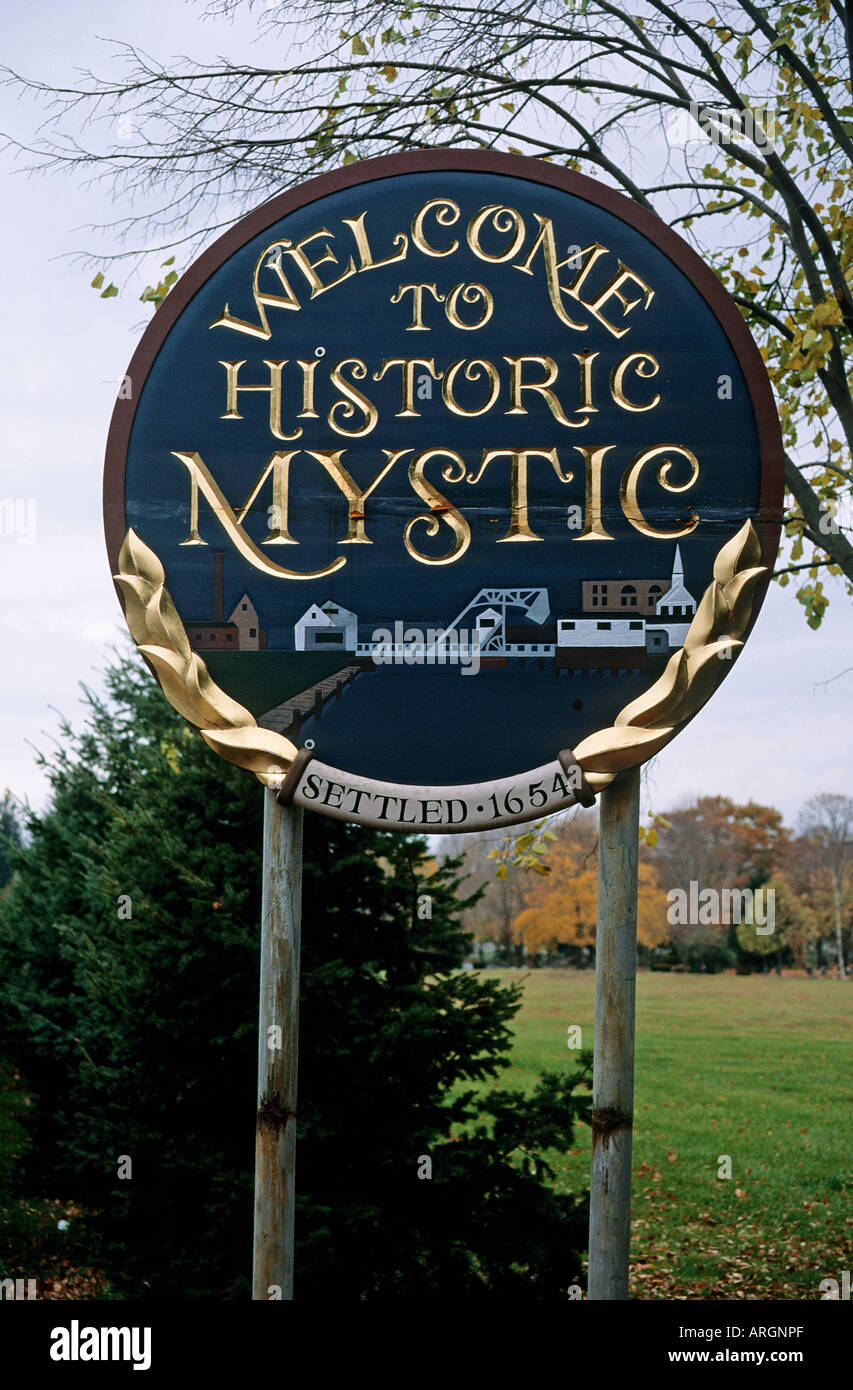 The sign for Mystic home to the outdoor museum of Mystic Seaport where ...