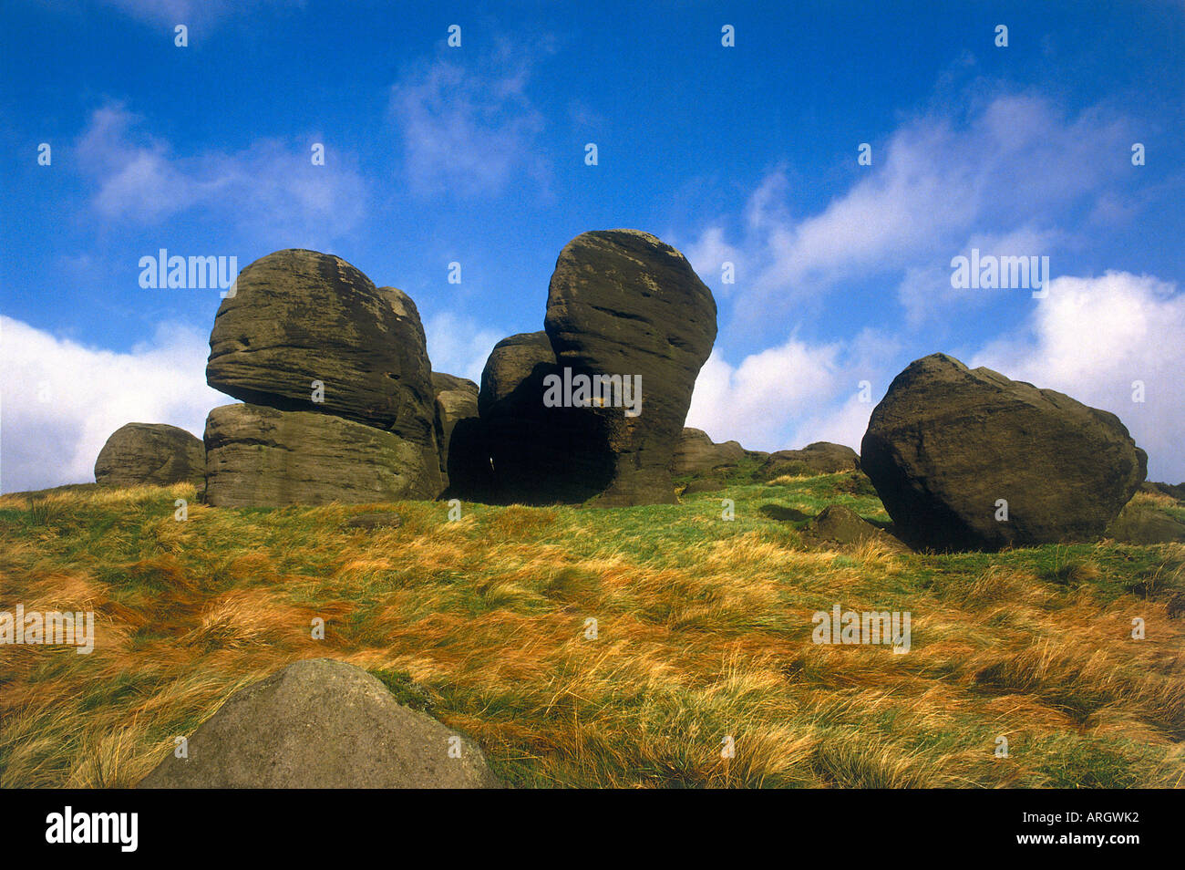 Oddly shaped gritstone rocks formed by erosion on the moors above ...