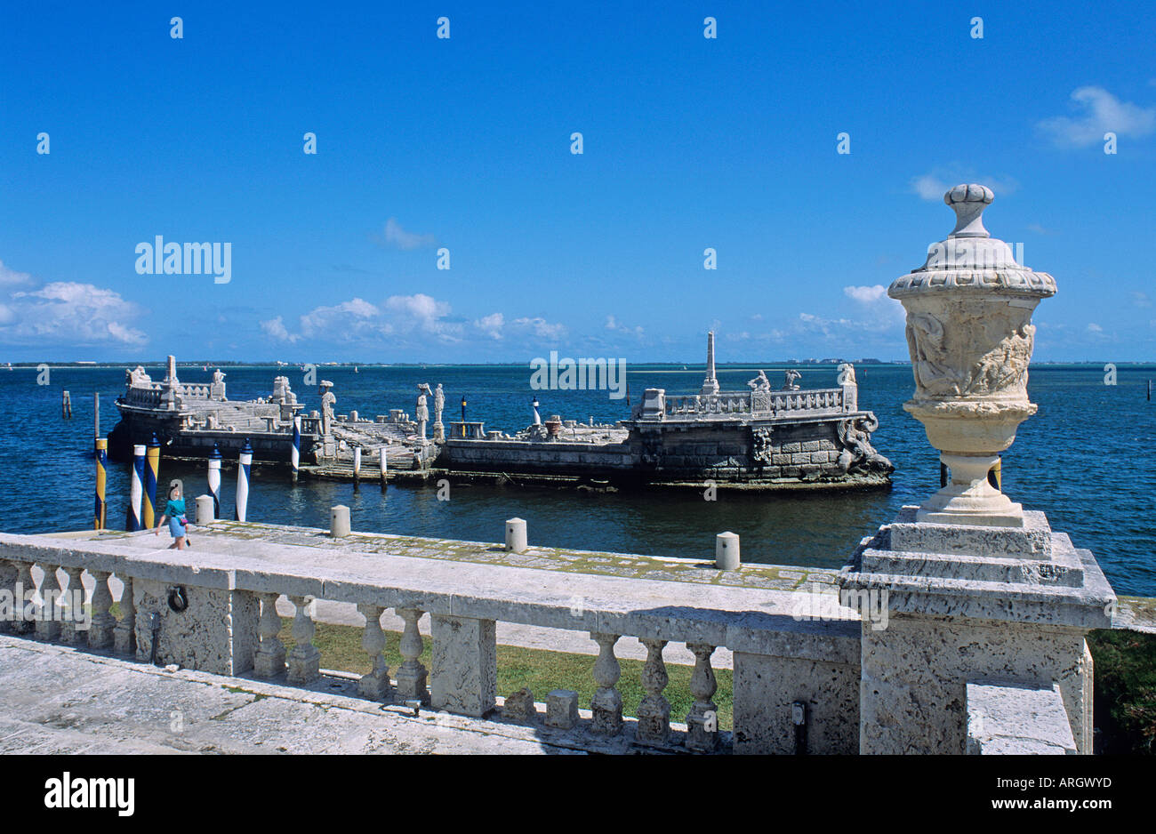 An ornamental stone boat in front of the Italianate Villa Vizcaya the ...