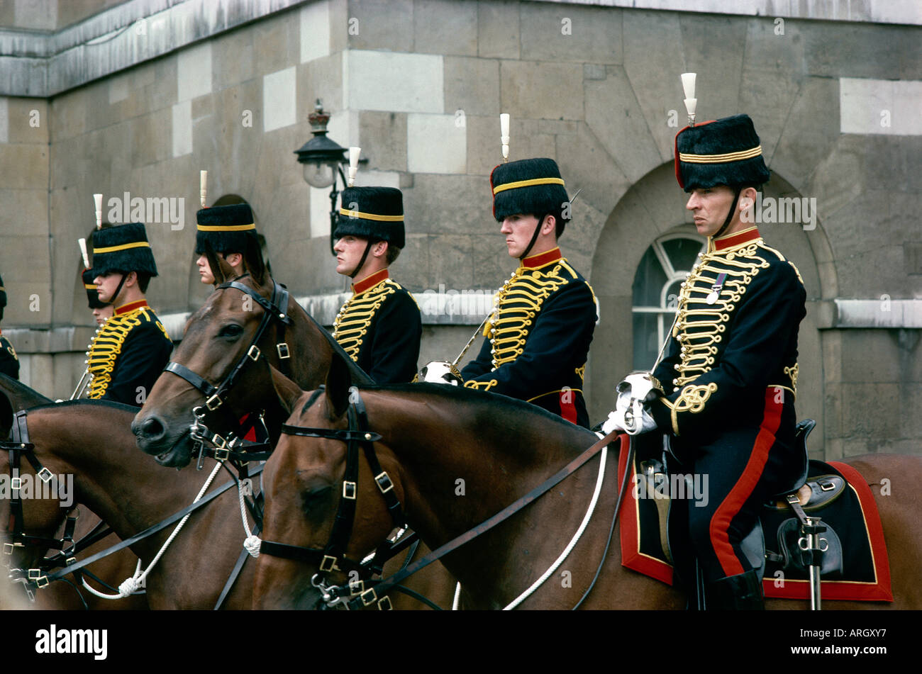 Guards on horseback in back uniform with gold brocade dressings London ...